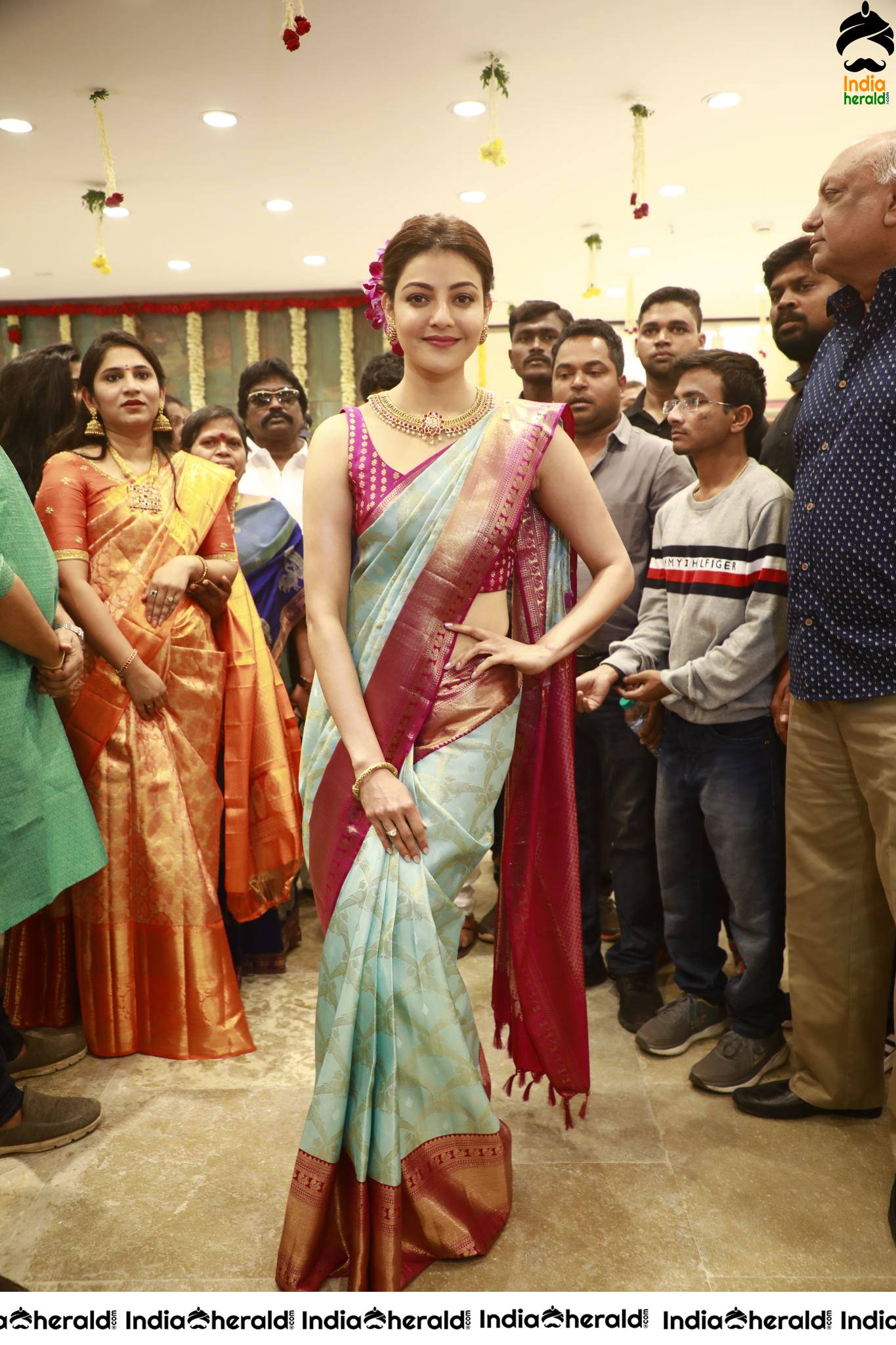 Kajal Aggarwal Hot Hip and Navel Show in Saree at the Launc