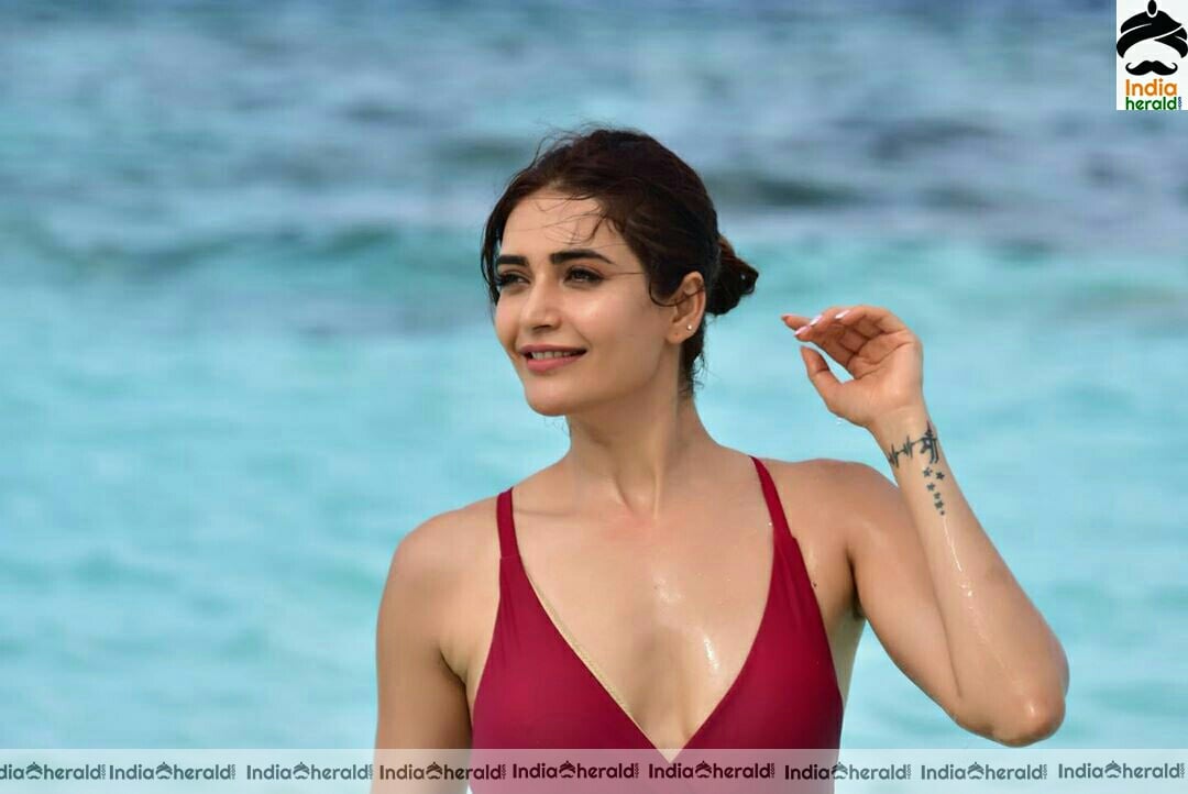 Karishma Tanna Hot Maroon Bikini Stills