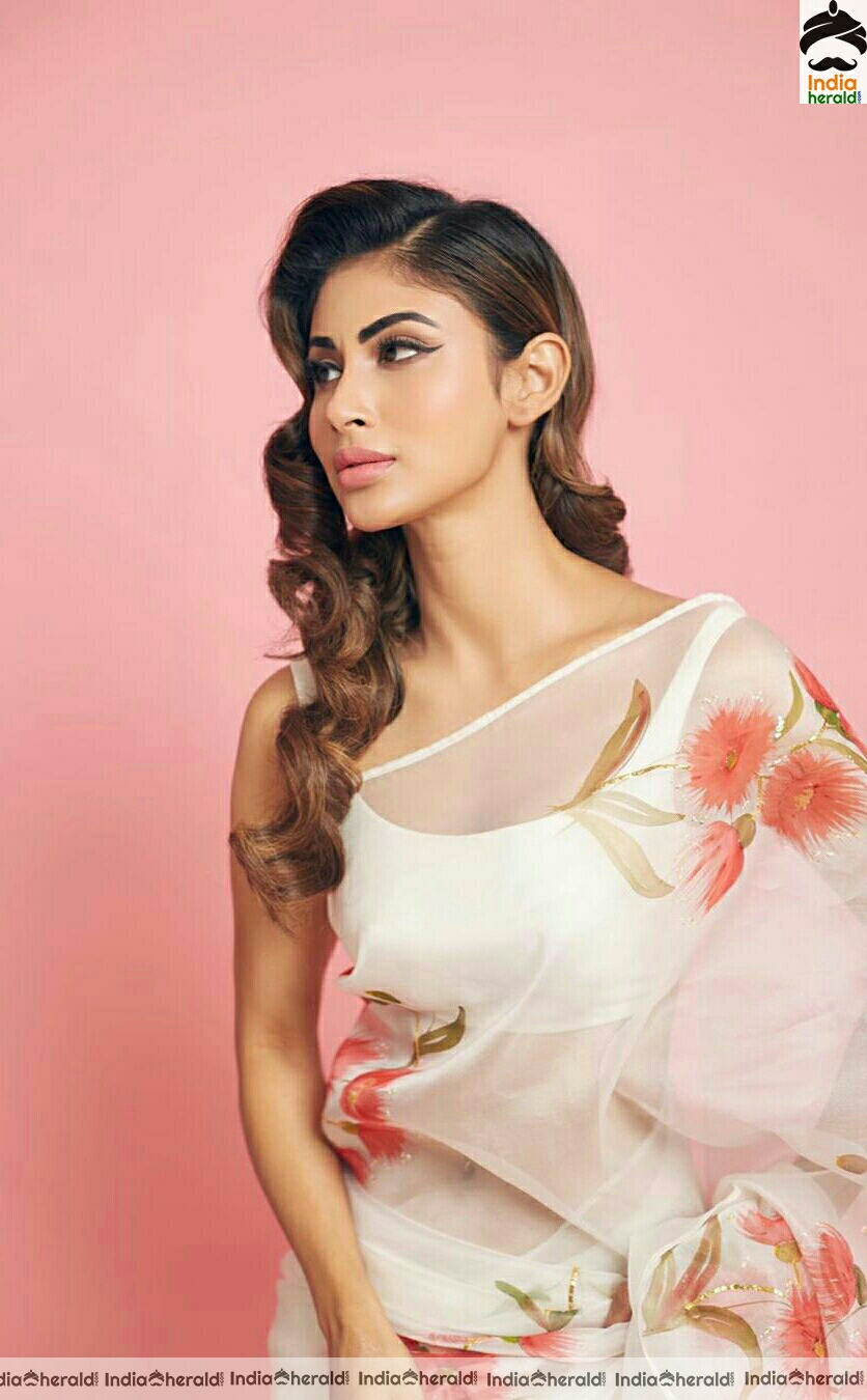 Mouni Roy Transparent White Saree Stills