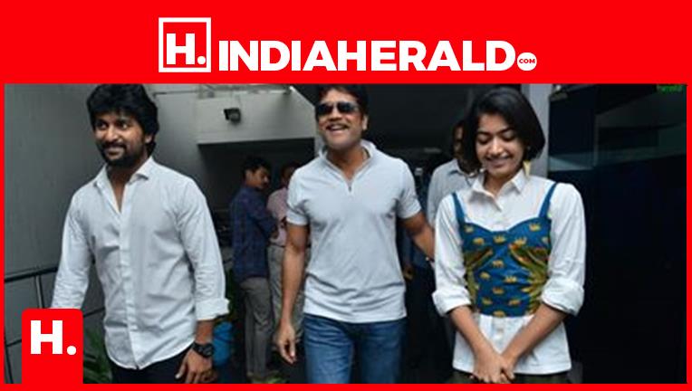 Rashmika with Nani and King Akkineni at Devadas Success Thr